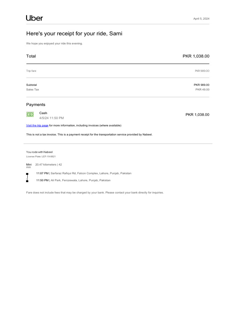 Receipt of Ride | PDF