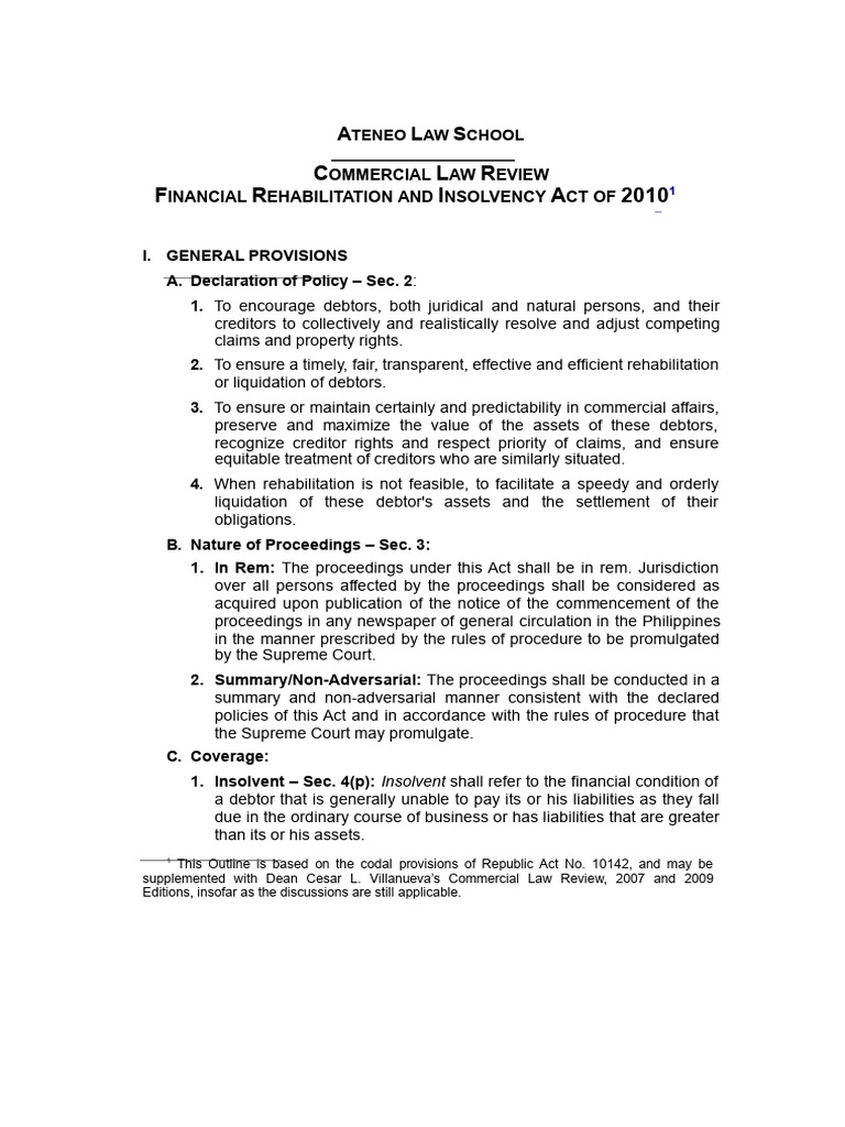 Fria Reviewer Lecture Notes 1 - Compress | PDF | Bankruptcy | Liquidation