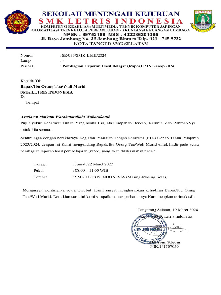 Surat Edaran Pengambilan Raport Pts Genap 2024 | PDF