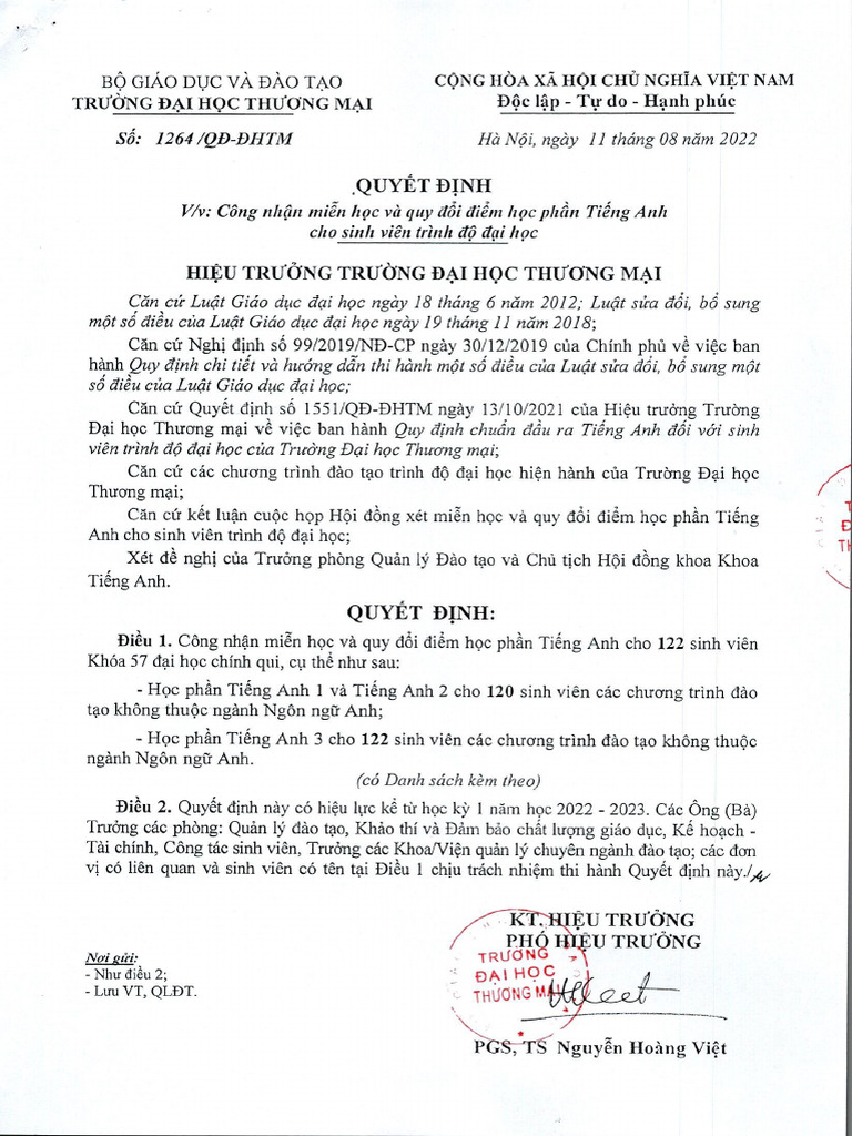 Quyet Dinh V.V Cong Nhan Mien Hoc Va Quy Doi Diem HP Tieng Anh Cho SV DHCQ - 0001 | PDF