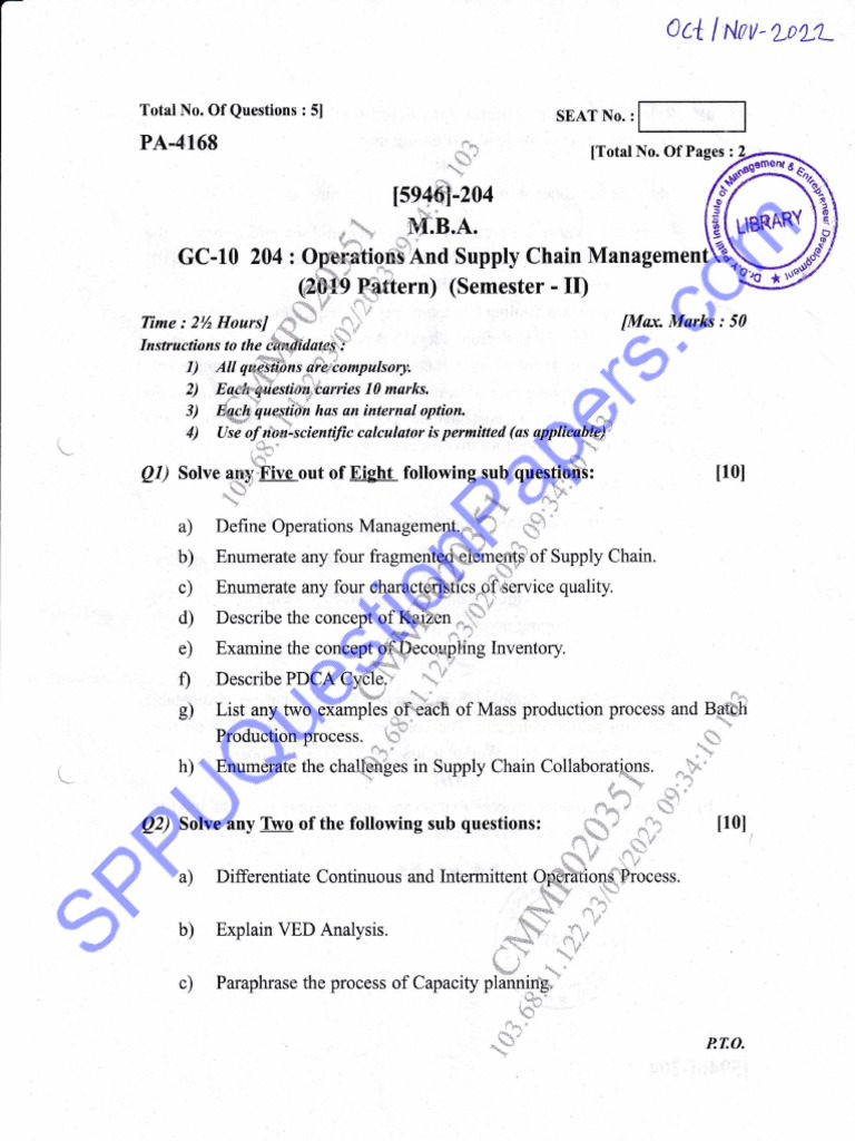 Postgraduate PG - Mba - Semester 2 - 2022 - November - Operations and Supply Chain Management ...