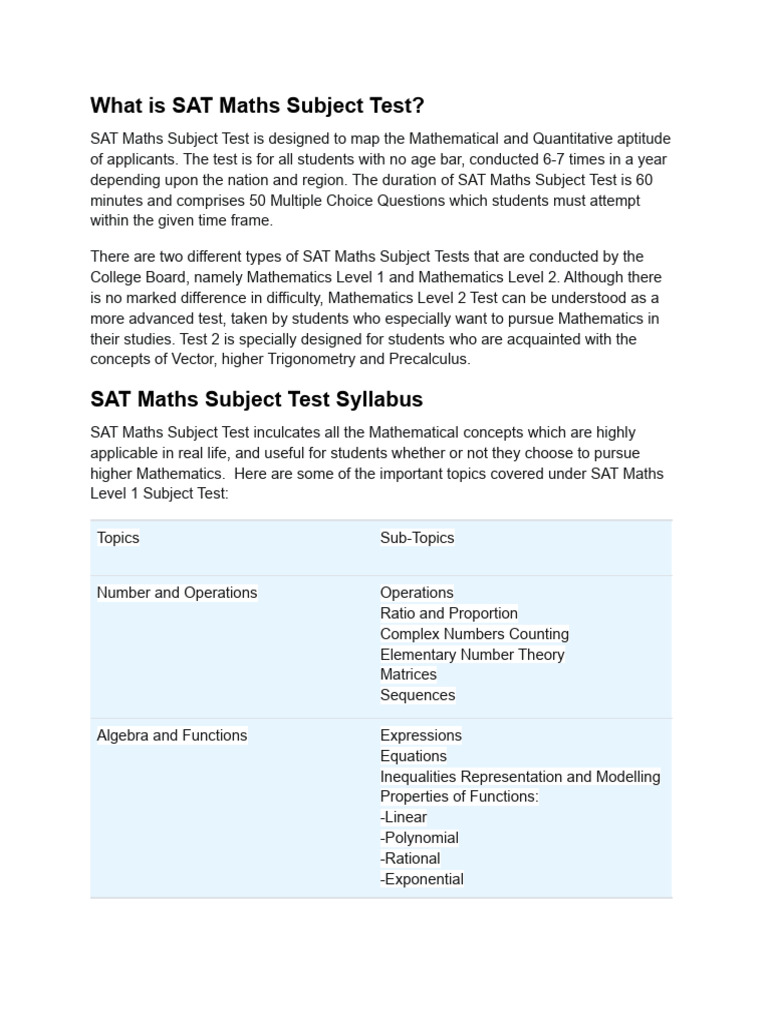 SAT Maths Subject Test Overview | PDF | Mathematics | Geometry