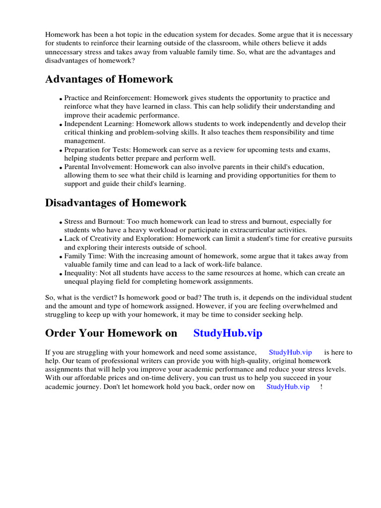 Essay On Homework Advantages and Disadvantages | PDF | Homework | Teachers
