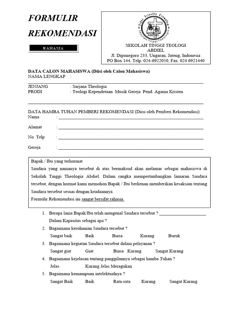 Form Rekomendasi Program S1 Tahun 2021 | PDF