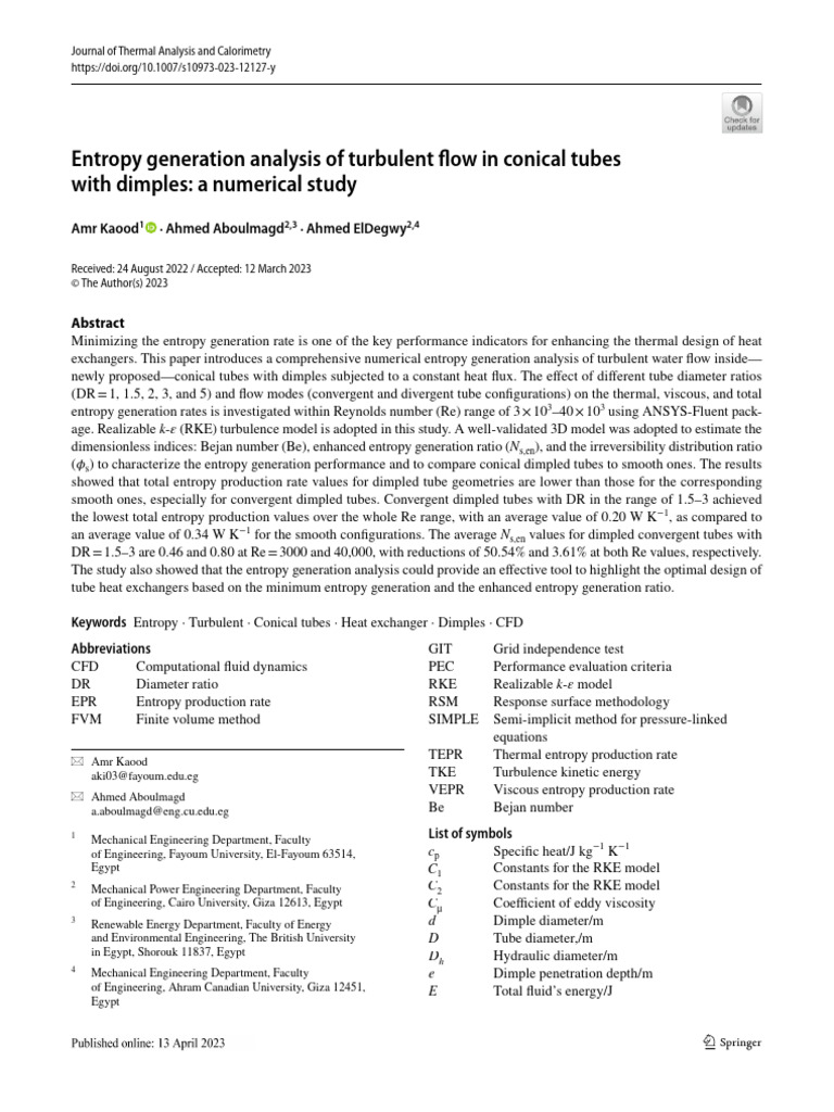 Entropy Generation Analysis of Turbulent Flow in Conical Tubes With ...