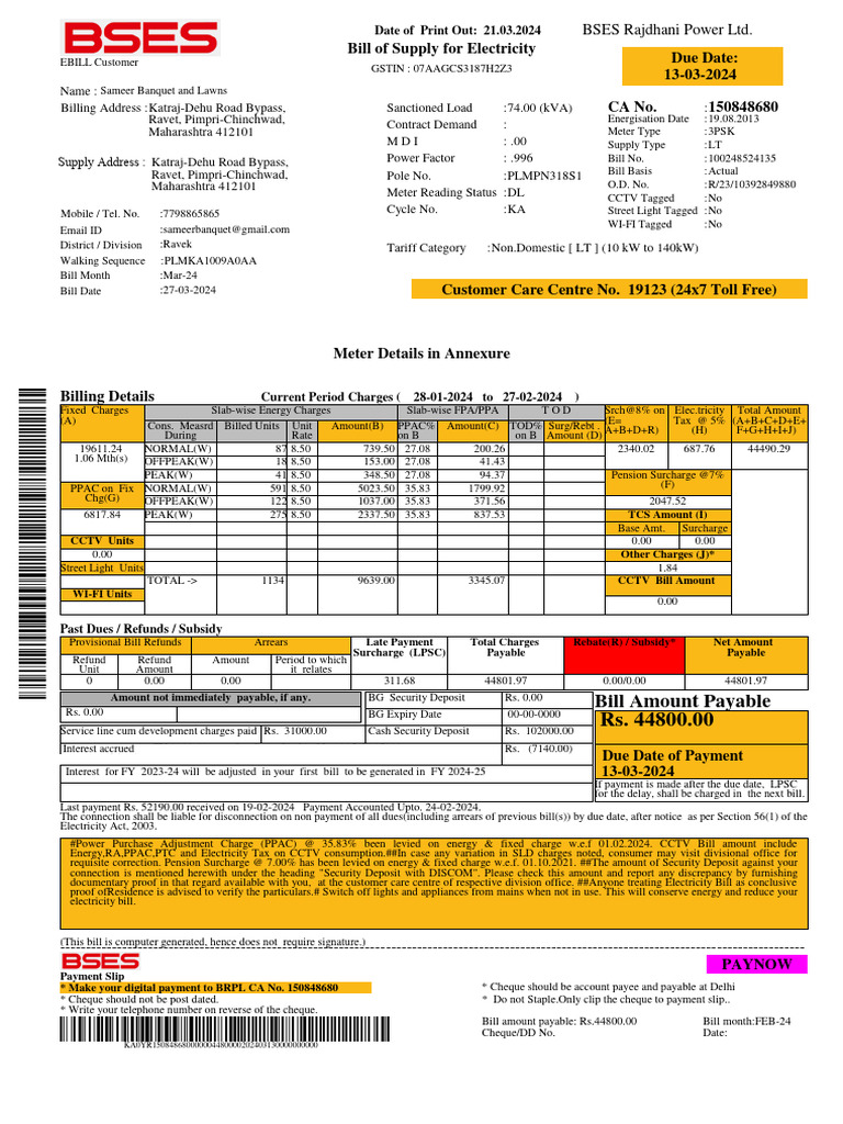 Sameer Banquet Electricity Bill | PDF | Cheque | Payments