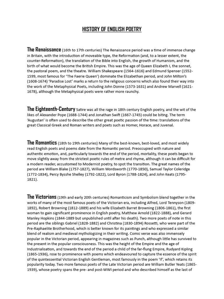 Overview of English Poetry History | PDF | English Poetry | Victorian ...