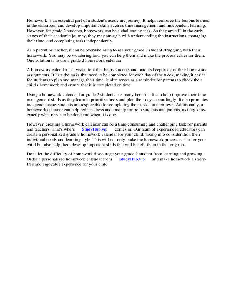 Grade 2 Homework Calendar | PDF | Homework | Teachers