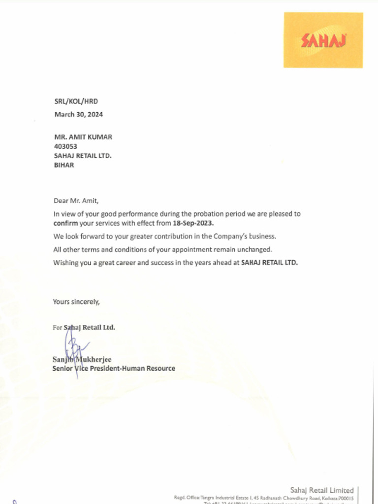 Confirmation Letter of MR - Amit Kumar | PDF