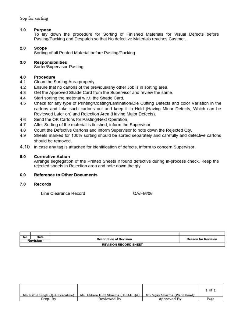 SOP for Sorting Finished Materials | PDF
