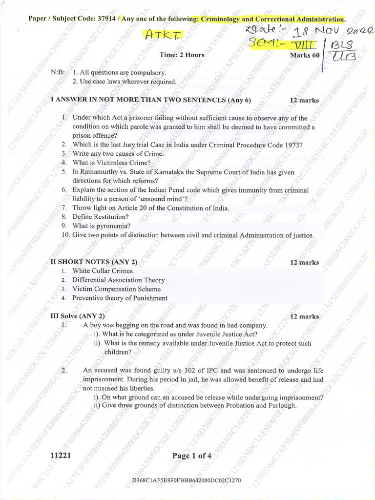 Sem Viii Criminology ND Correctional Admin Atkt Paper | PDF