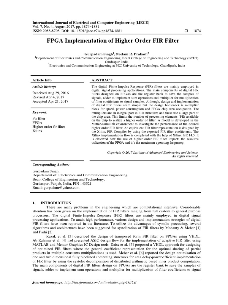 Fpga Implementation Of Higher Order Fir Filter Pdf Field Programmable Gate Array Digital 