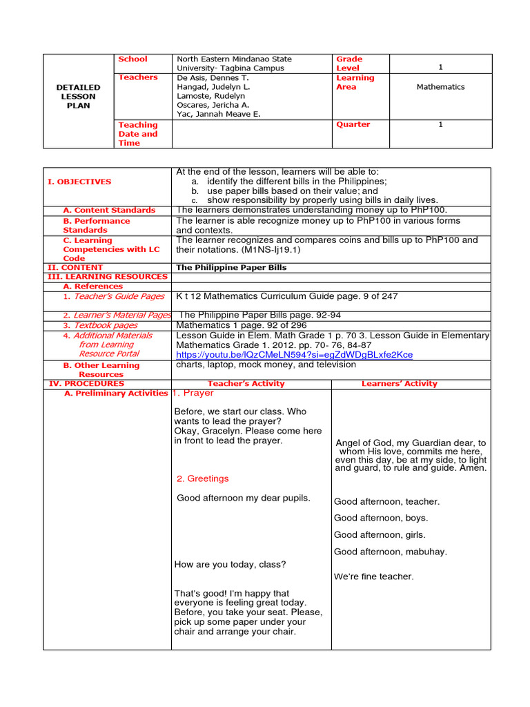 Detailed Lesson Plan in Math 1 Quarter 1 | PDF | Learning
