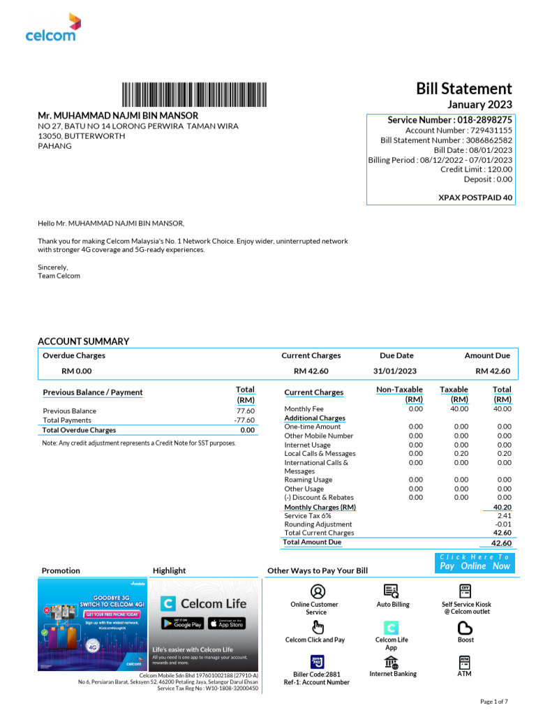 Celcom January 2023 Bill Statement | PDF | Payments | Service Industries