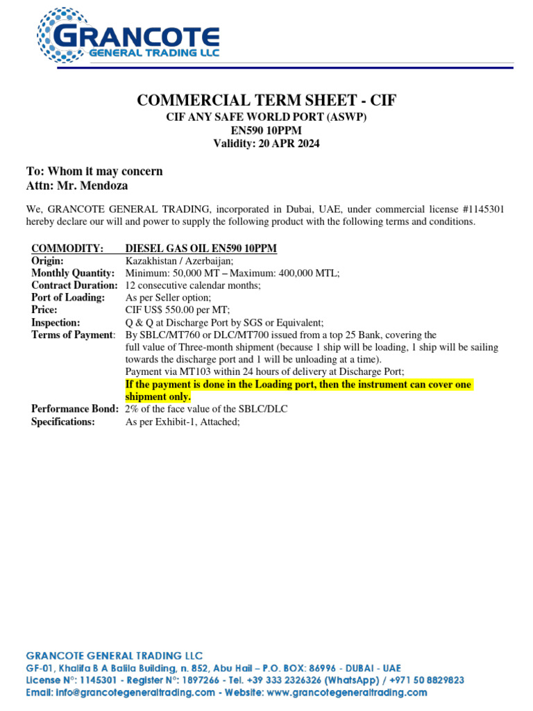 SCO-EN590-APR 2024-Mr Mendoza | PDF | Letter Of Credit | Cargo