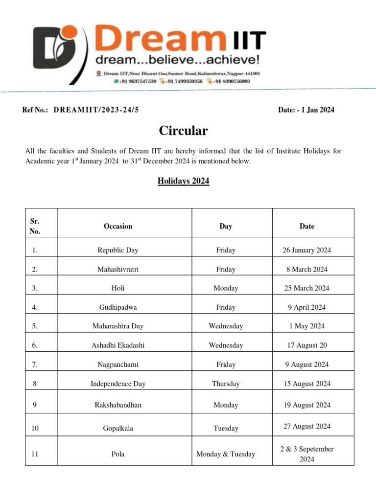 Circular Dream IIT HOLIDAYS | PDF