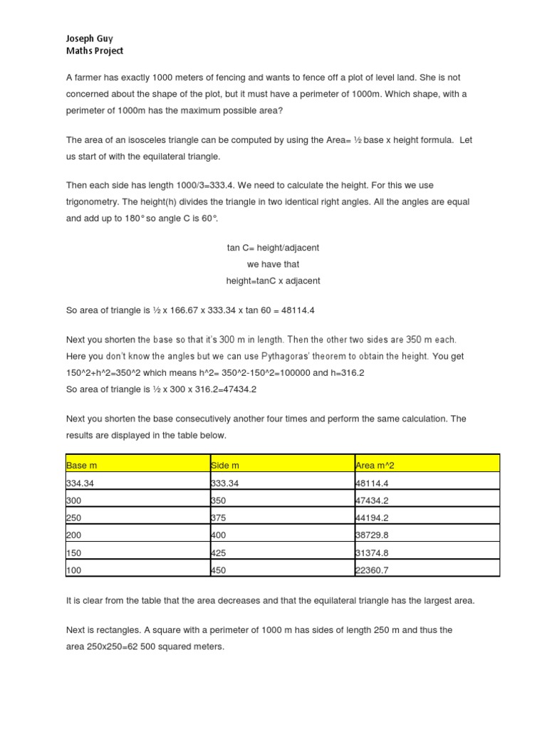 Maximizing Area with 1000m Fencing | PDF | Area | Triangle