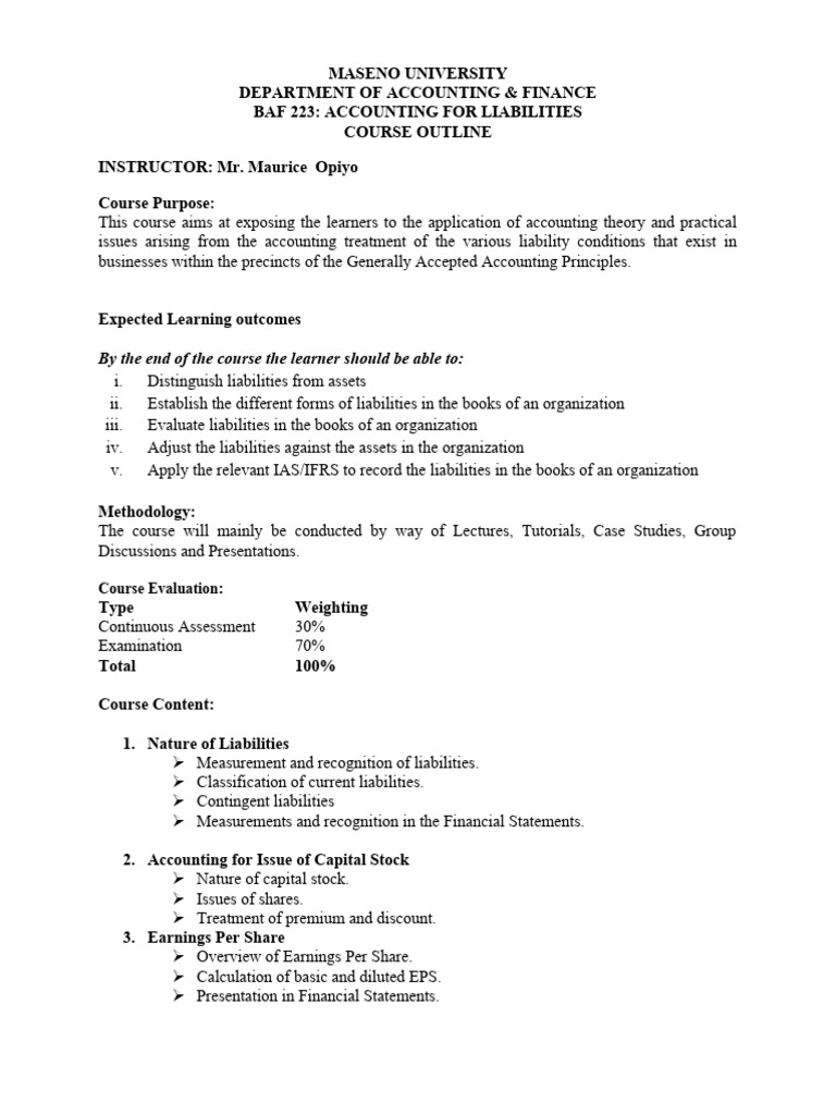 Accounting for Liabilities Course Outline | PDF | Accounting | Depreciation