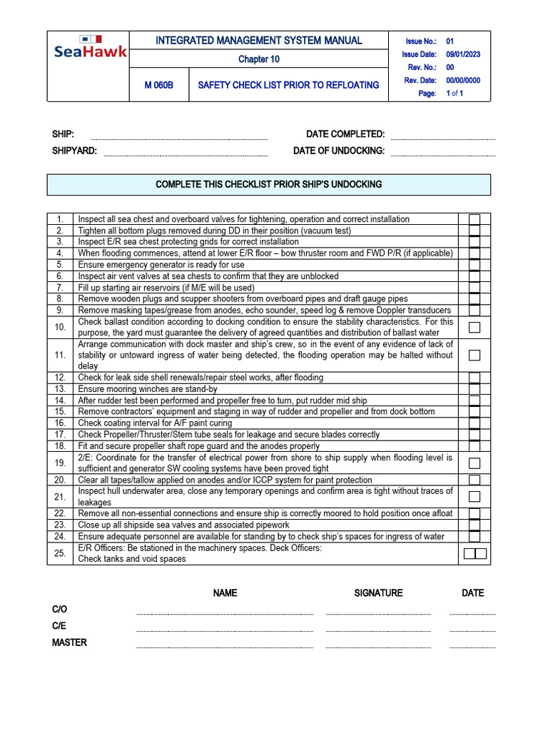 Form M 060B Safety Check List Prior To Refloating | PDF | Ships | Propeller