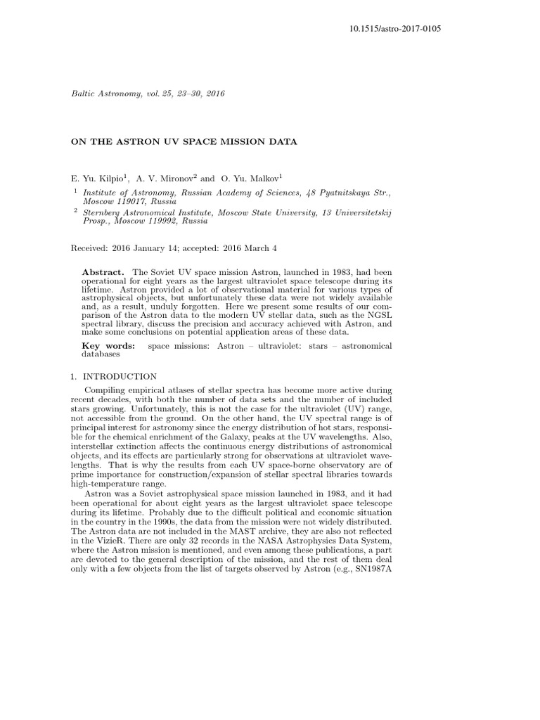 On The Astron UV Space Mission Data | PDF | Astronomy | Stars