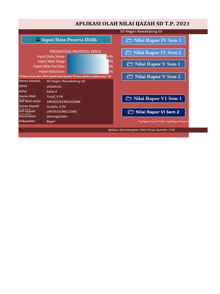 Aplikasi Olah Nilai SD Rawakalong | PDF