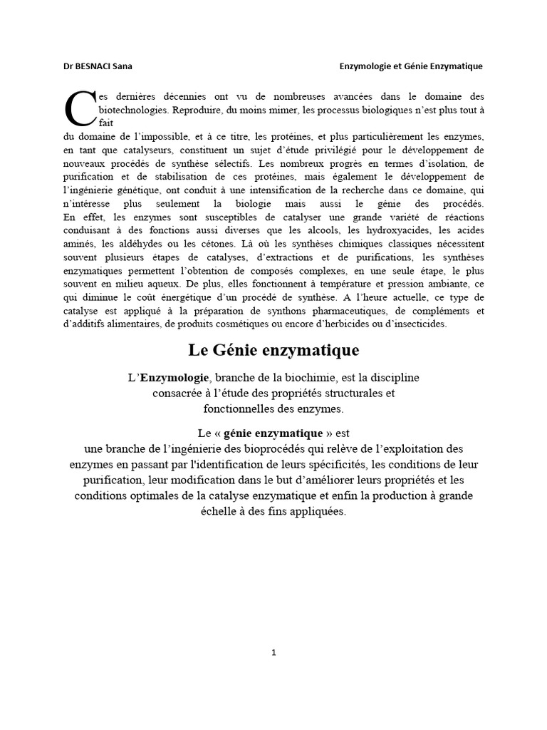 Cours sur les Enzymes et leur Génie | PDF | Enzyme | Inhibiteur enzymatique