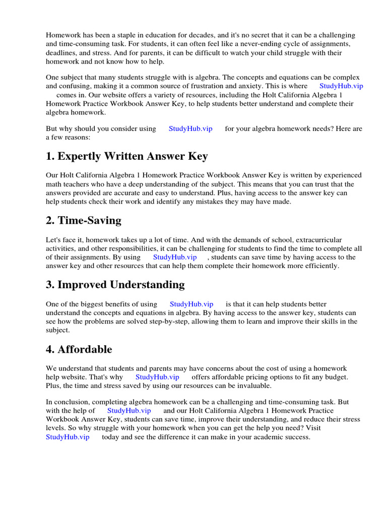 Holt California Algebra 1 Homework Practice Workbook Answer Key | PDF ...