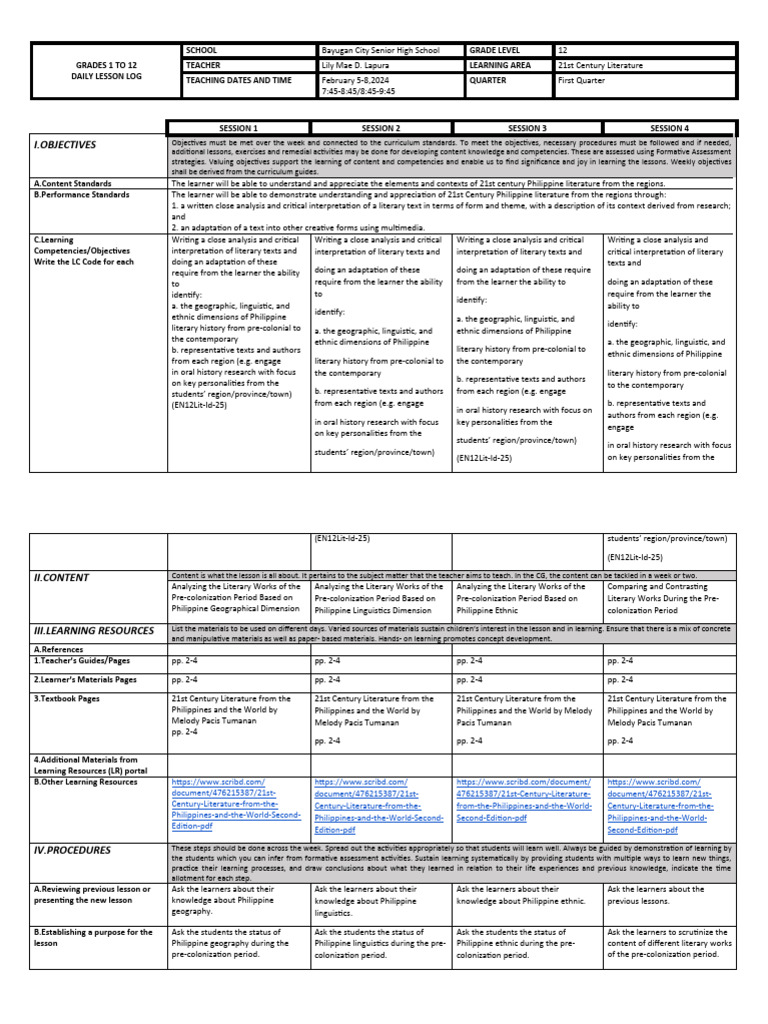 21st Century Literature: 1st Quarter Plan | PDF | Learning | Curriculum