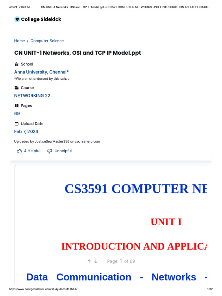 Cs3591 Computer Ne: Unit I Introduction and Applica | PDF | Osi Model | Computer Network
