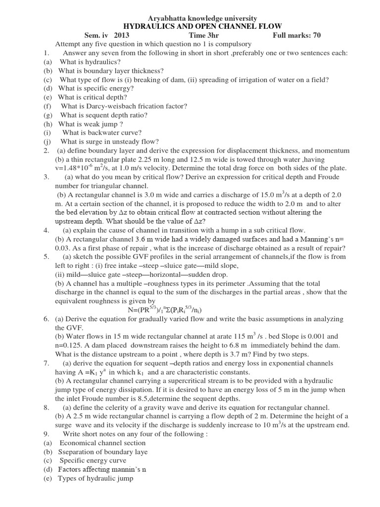 Btech Ce 4 Sem Hydraulics and Open Channel Flow 011410 2013 | PDF | Motion (Physics) | Fluid ...