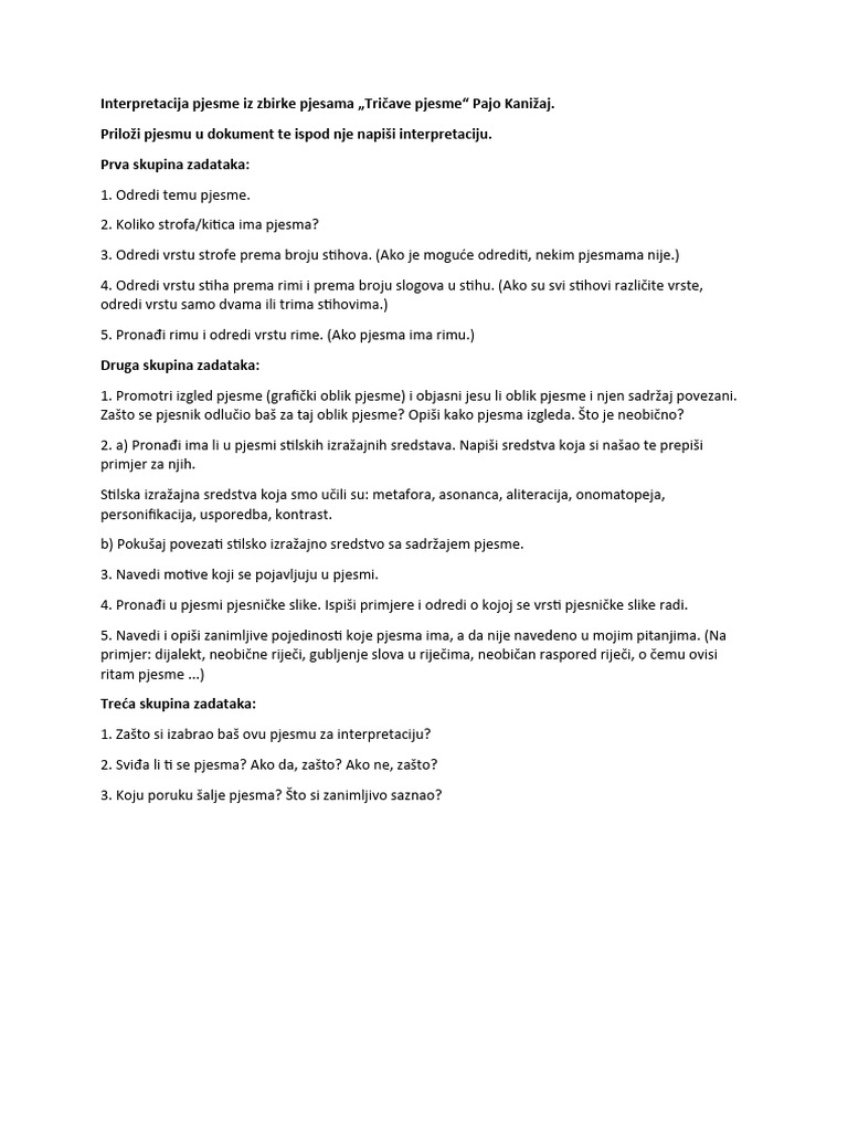 Lektira Tričave Pjesme Upute Za Interpretacija | PDF