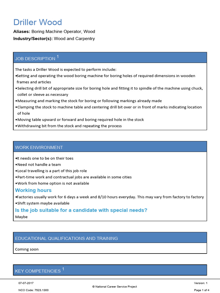 Driller Wood: Job Description 1 | PDF | Drill