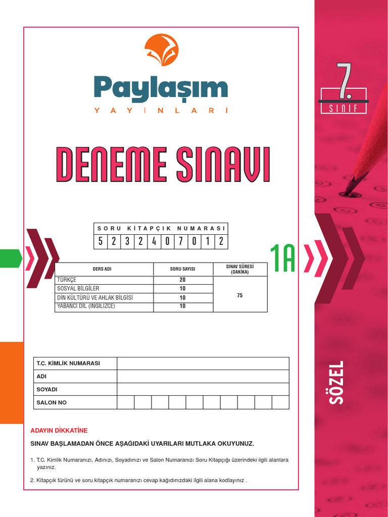 Paylasim_Yay_7SNF_Deneme_Sinavi_01_Sozel_Bolum_A_Kitapcigi_Baski_(27_Ekim_2023) | PDF