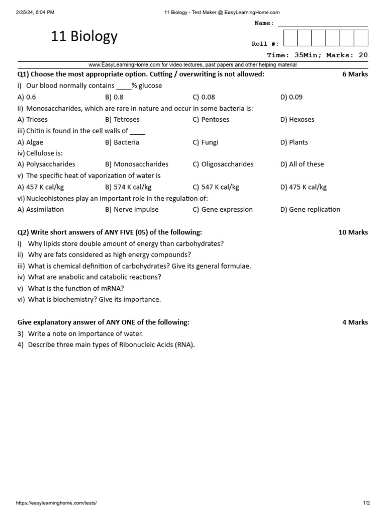 11 Biology - Test 2 | PDF | Carbohydrates | Life Sciences