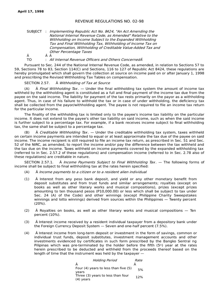 RR 2-98 - Implementing Republic Act No. 8424 | PDF | Capital Gains Tax ...