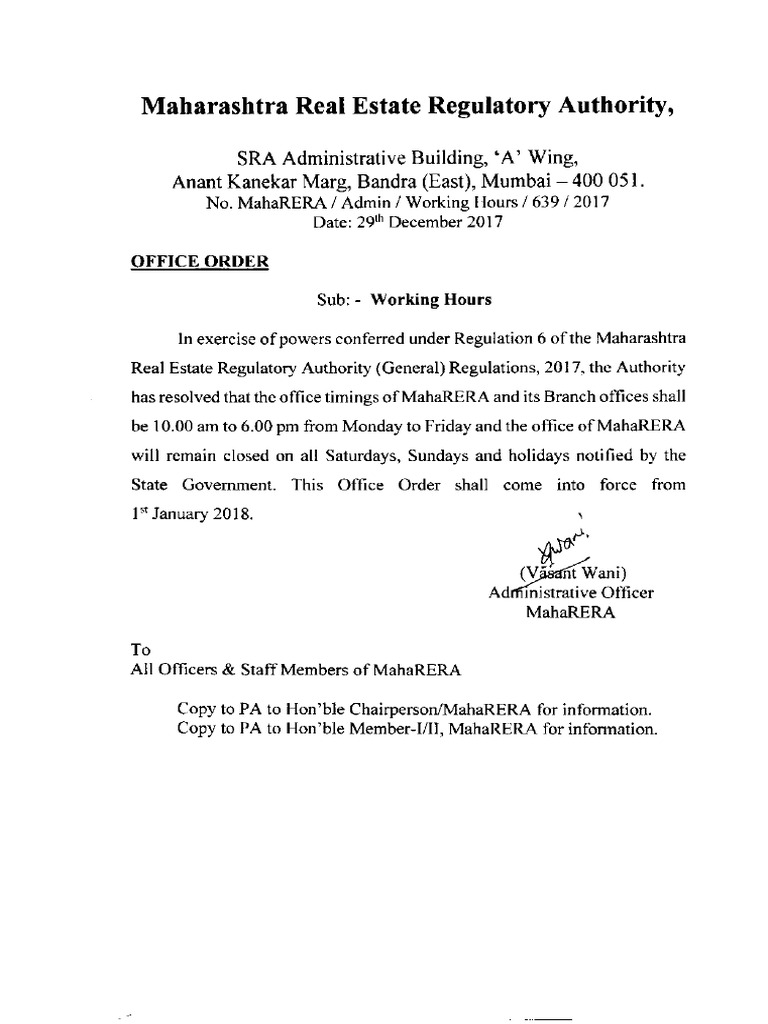 MahaRERA Office Hours in Bandra | PDF