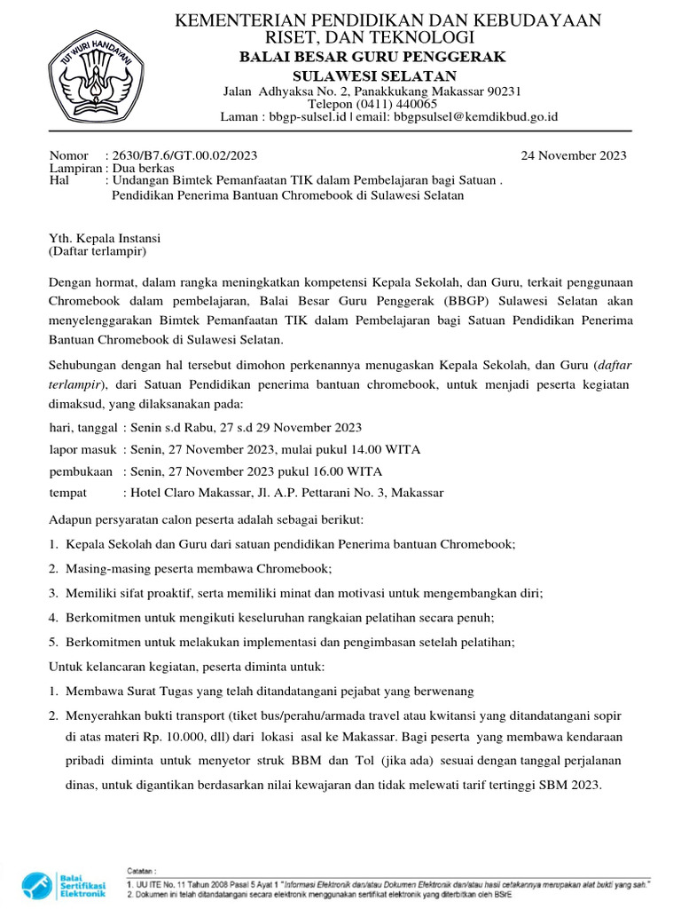 2630 Undangan Bimtek Pemanfaatan TIK Dalam Pembelajaran Bagi Satuan Pendidikan Penerima Bantuan ...