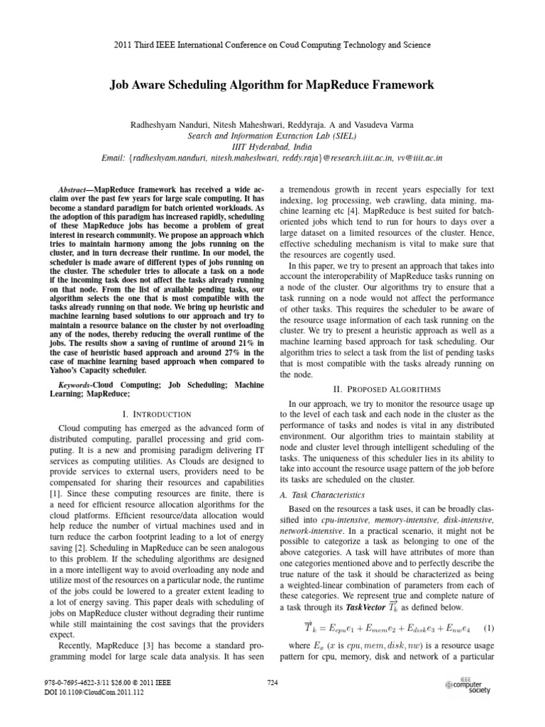 Job Aware Scheduling Algorithm For MapReduce Framework | PDF | Map Reduce | Computer Cluster