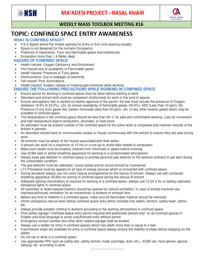 TBT # 18 - Confined Space Entry Awareness | PDF | Working Conditions | Occupational Safety And ...