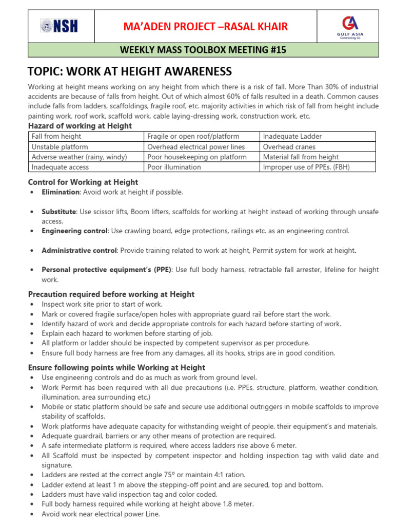 TBT # 17 - Work at Height Awareness | PDF | Scaffolding | Personal ...