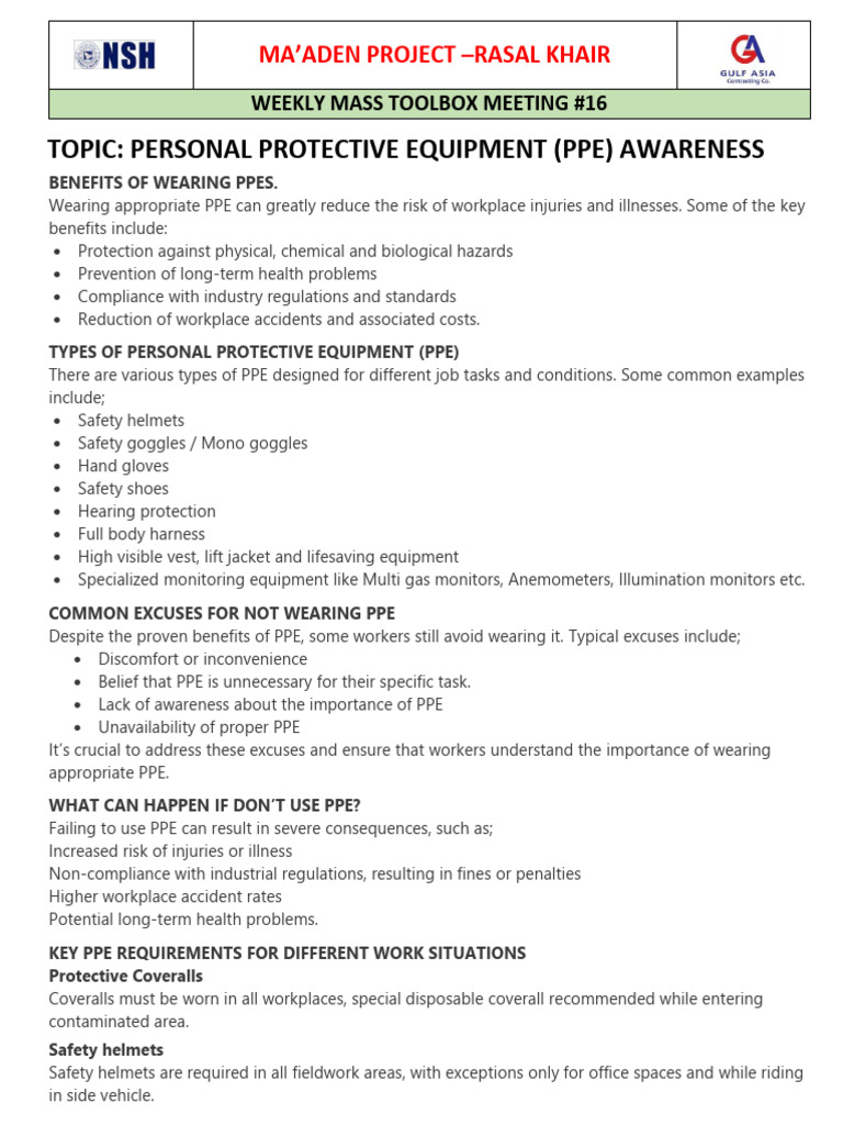 TBT # 16 - Personal Protective Equipment (Ppe) Awareness | PDF | Personal Protective Equipment ...