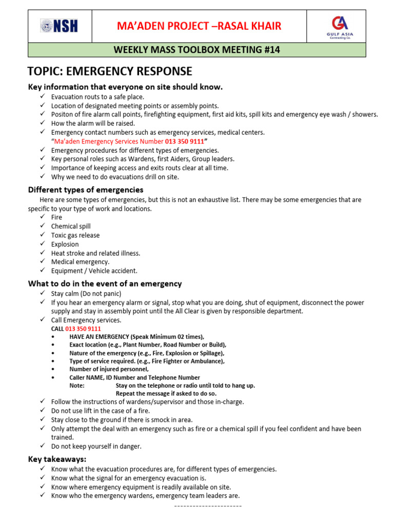 TBT # 14 - Emergency Response | PDF | Emergency | Emergency Evacuation