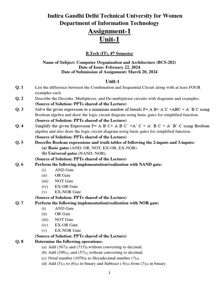 COA Assignment of Unit-1 and Unit-2 | PDF | Logic Gate | Computing