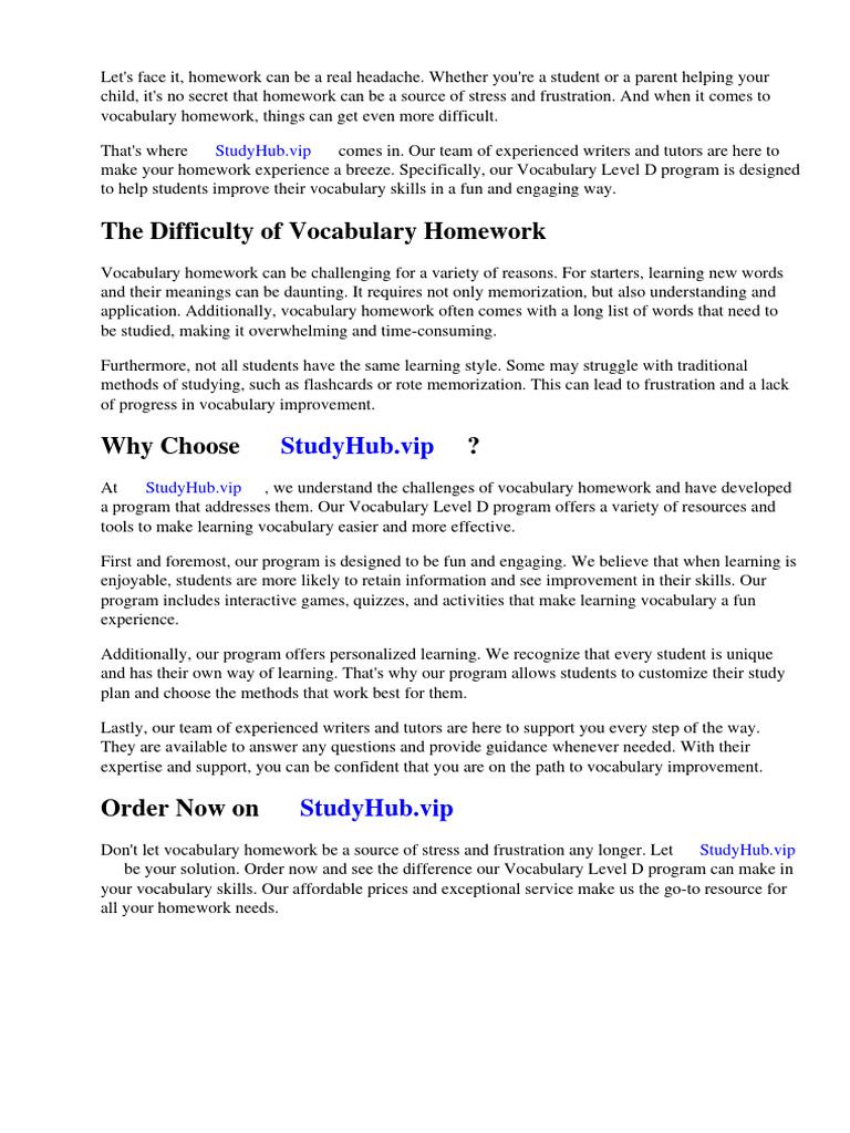 Homework Hawk Vocabulary Level D | PDF | Vocabulary | Homework