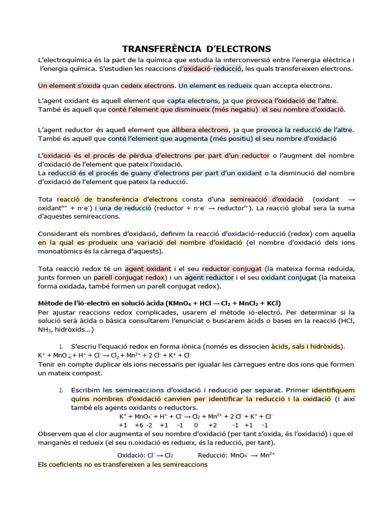 TRANSFERÈNCIA D'ELECTRONS Apunts | PDF