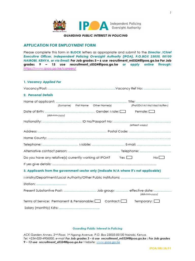 Ipoa Employment Application Form - 2024 | PDF