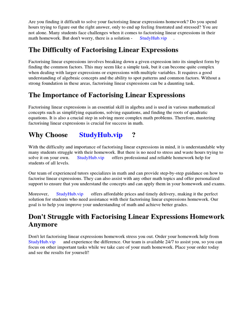 Factorising Linear Expressions Homework Pdf Factorization Equations