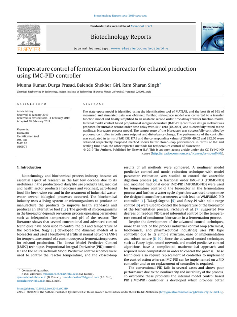 Temperature Control of Fermentation Bioreactor For Ethanol Production Using IMCPID ...