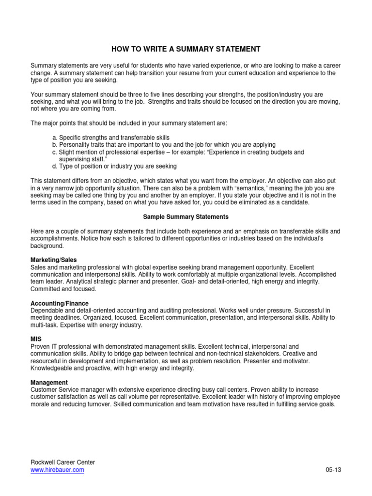 Summary Statement Writing Guide | PDF | Goal | Leadership