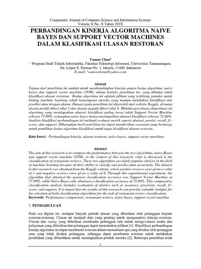 Perbandingan Kinerja Algoritma Naive Bayes Dan Support Vector Machines ...